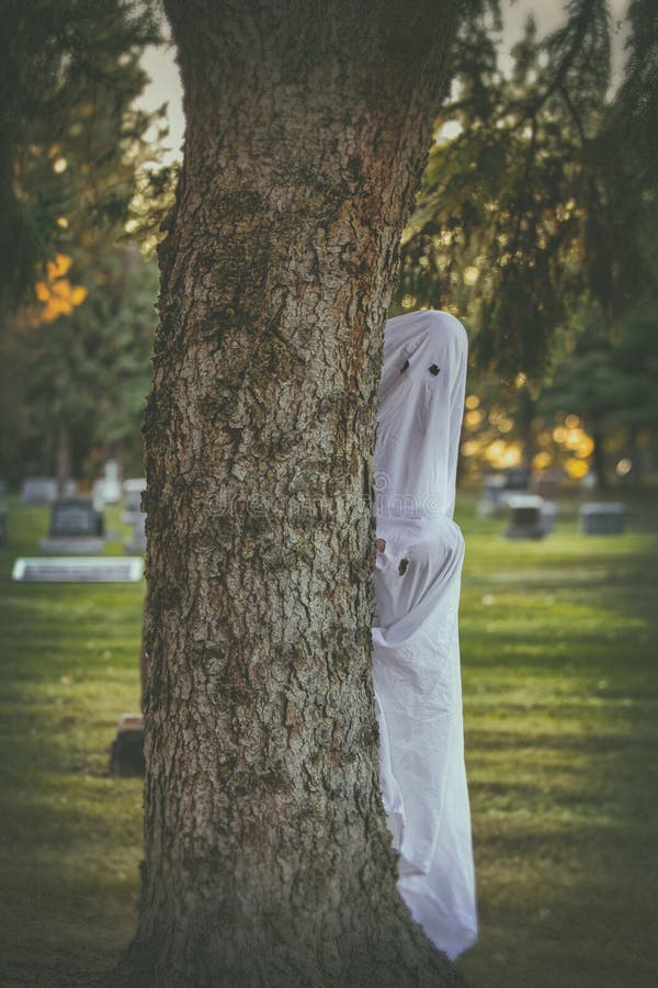 Shy Ghosts Hiding Behind a Tree Trunk Stock Image - Image of people ...