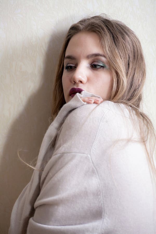 Shy Girl In Wool Cardigan Stock Image Image Of Clothing 36900561