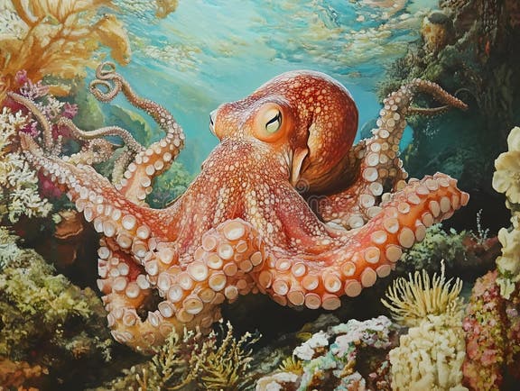 A Shy Octopus Hiding in a Coral Reef Stock Illustration - Illustration ...