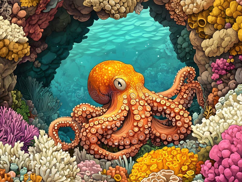 A Shy Octopus Hiding in a Coral Reef Stock Illustration - Illustration ...