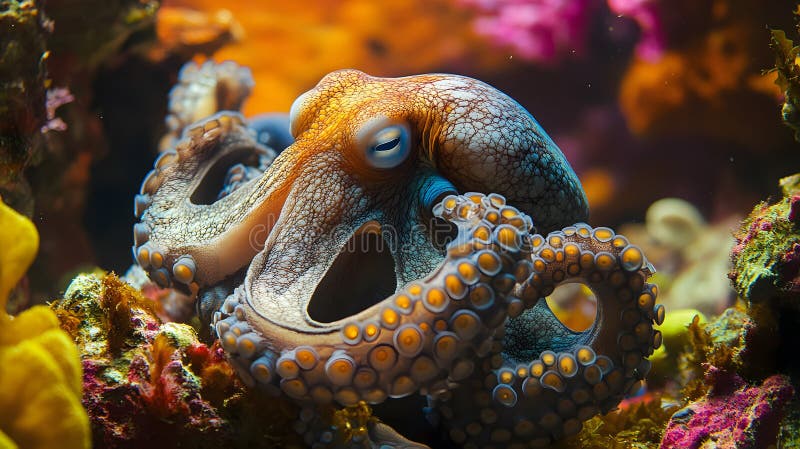 A Shy Octopus Hiding in a Coral Reef Stock Illustration - Illustration ...