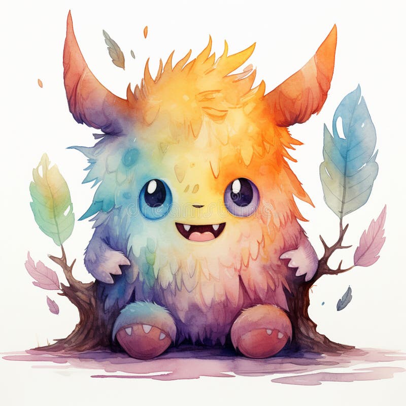 Shy Watercolor Monster Hiding Behind a Tree Stock Illustration ...