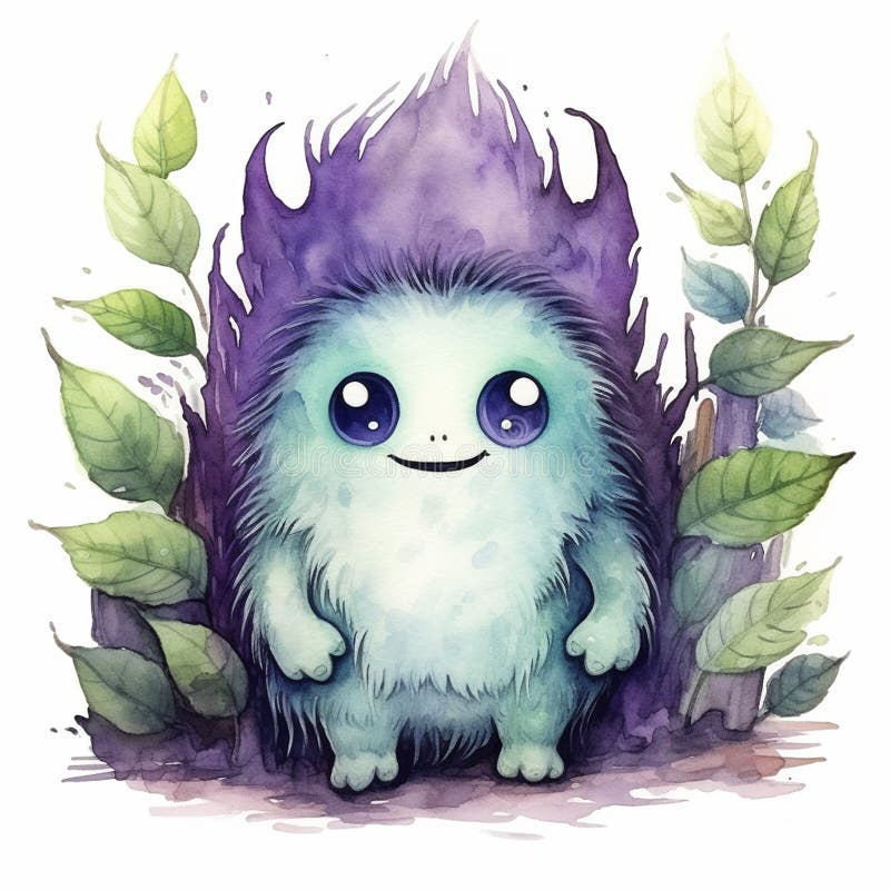 Shy Watercolor Monster Hiding Behind a Tree Stock Illustration ...