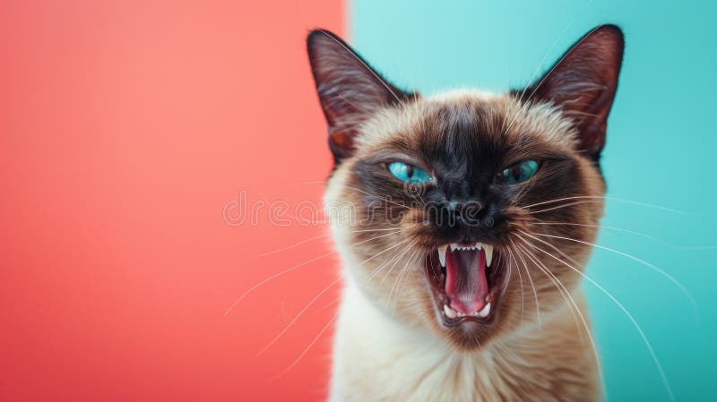Siamese, Angry Cat Baring Its Teeth, Studio Lighting Pastel Background ...