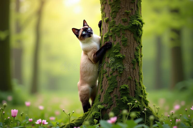 Siamese Cat Climbing Mossy Tree in Vibrant Spring Forest. AI Generation ...