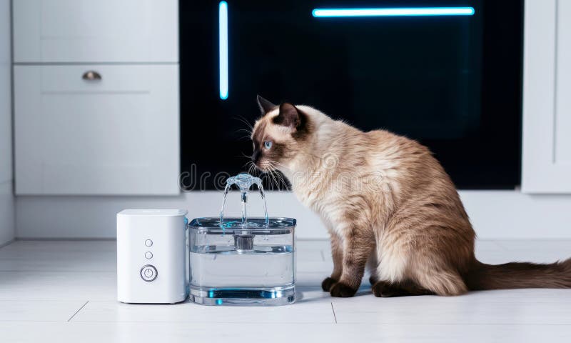 A Siamese Cat Drinks Clean Water from an Automatic Drinker. the Concept ...