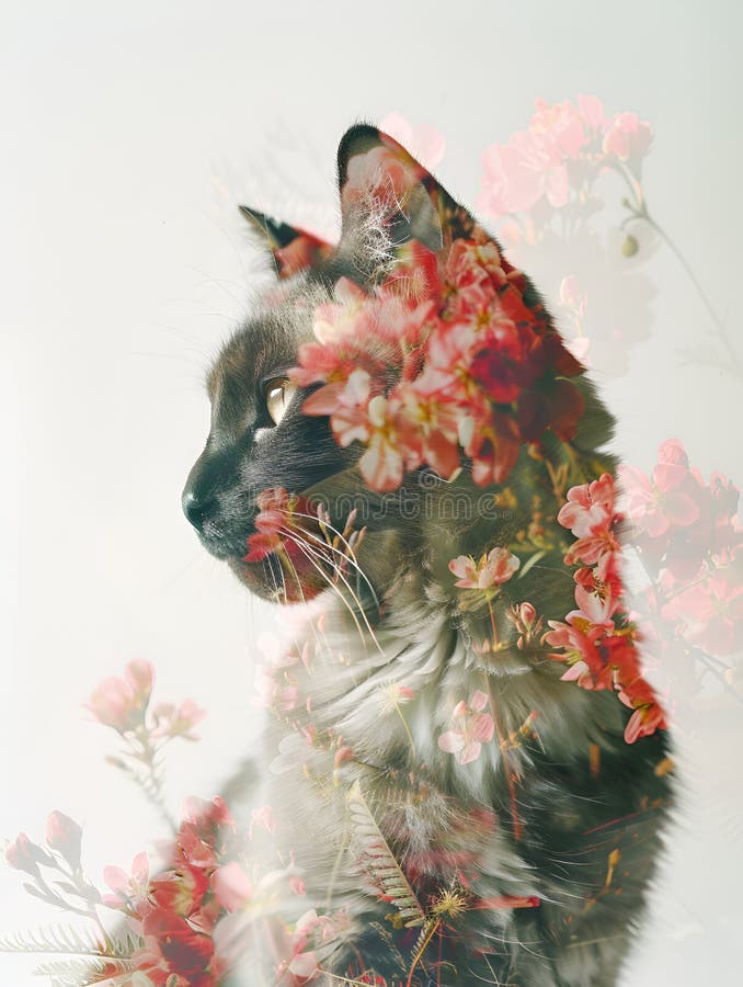 Siamese Cat with Floral Overlay in Artistic Double Exposure Effect ...