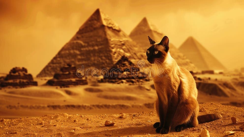 Siamese Cat in Front of Egyptian Pyramids in the Desert Stock ...