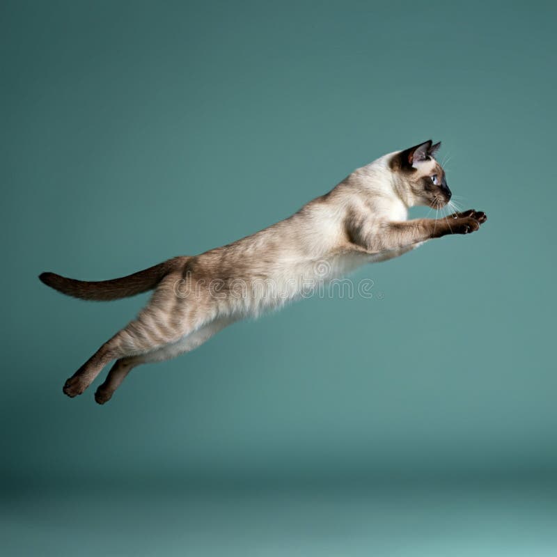 A Siamese Cat is Leaping Mid-air Against a Solid Teal Background. Stock ...