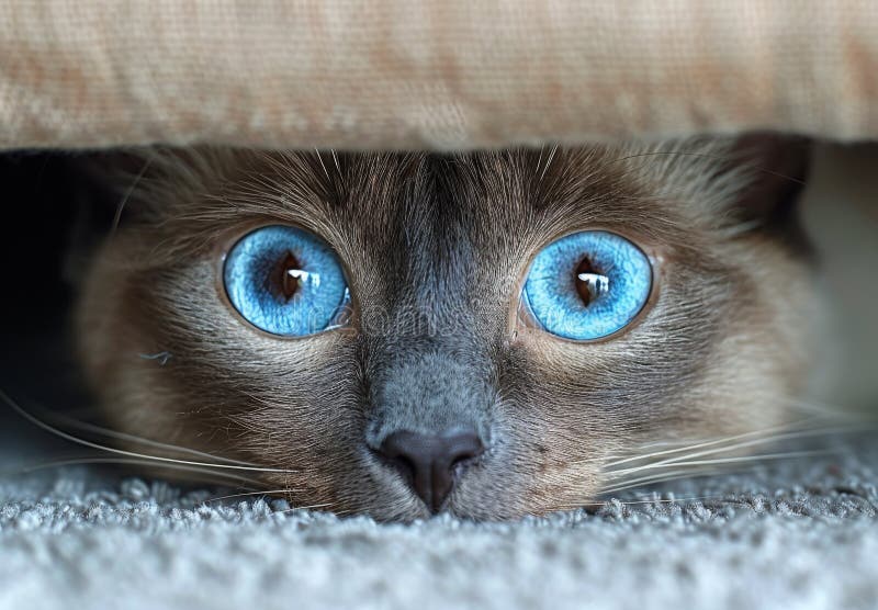 Siamese Cat is Looking Up from Under Blanket Stock Photo - Image of ...