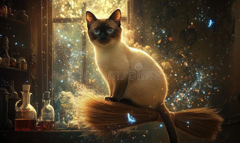 Siamese Cat Perched Gracefully on a Hovering Broomstick Stock Photo ...