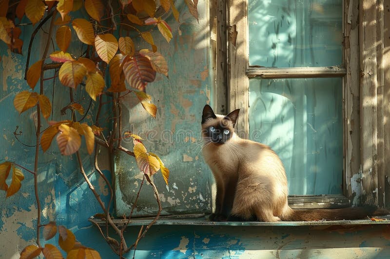 A Siamese Cat is Perched on a Windowsill, Looking Out Curiously, a ...