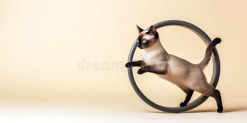 Siamese Cat Running Inside a Black Exercise Wheel on Beige Background ...