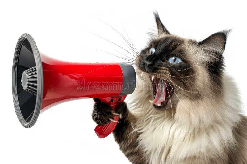 Siamese Cat Shouting through Red Megaphone Isolated on White Background ...