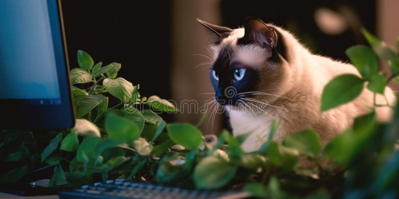 A Siamese Cat Sitting in Front of a Computer Monitor. Generative AI ...