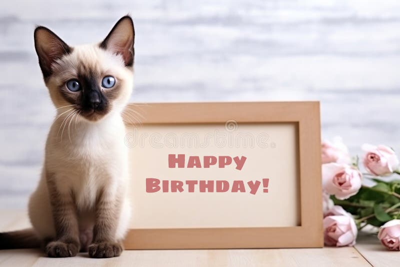 A Siamese Cat Sitting Next To a Picture Frame, Text Happy Birthday ...