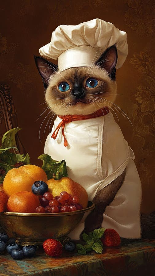 A Siamese Cat in a Tiny Chef Hat and Apron, Sitting beside a Bowl of ...