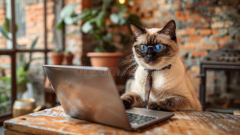 Siamese Cat Using Laptop in Cozy Interior Stock Photo - Image of animal ...
