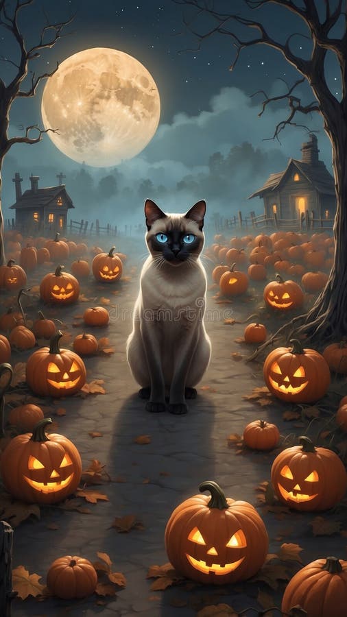 A Siamese Cat Walking through a Spooky Pumpkin Patch Stock Illustration ...