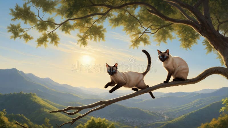 Two Siamese Cats on a Branch Overlooking Majestic Mountains at Sunrise ...