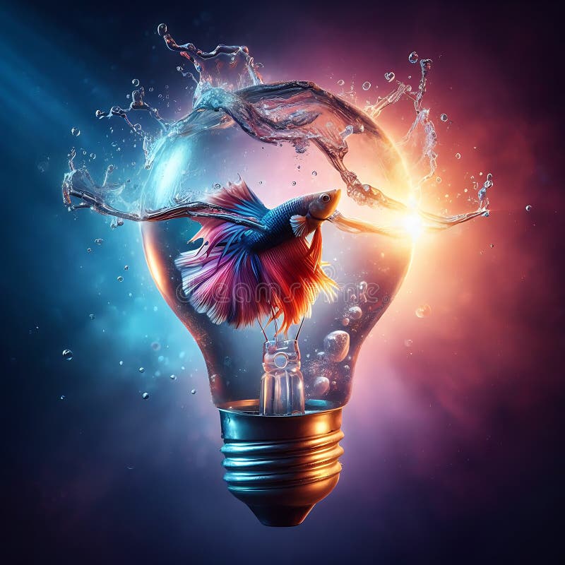 Siamese Fighting Fish Inside an Illuminated Light Bulb Filled with ...