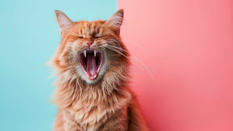 Siberian, Angry Cat Baring Its Teeth, Studio Lighting Pastel Background ...