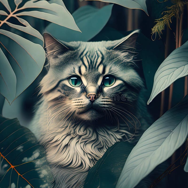 Siberian Cat among Tropical Leaves. Generative Ai Stock Photo - Image ...