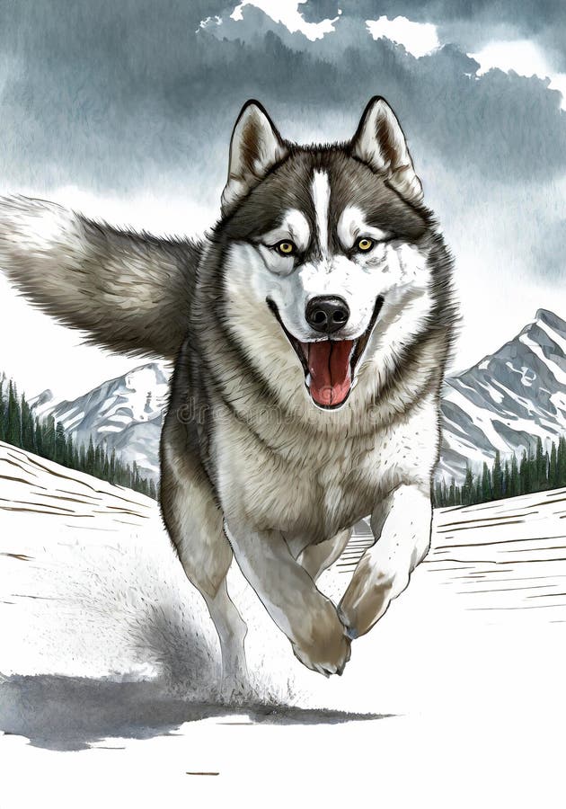Siberian Husky that Running in the Vast Snowfield Stock Illustration ...