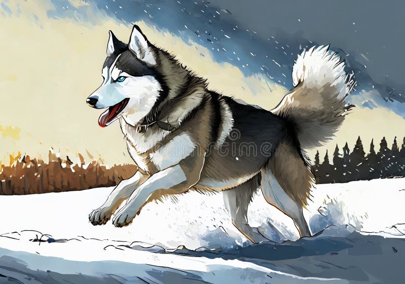 Siberian Husky that Running in the Vast Snowfield Stock Illustration ...