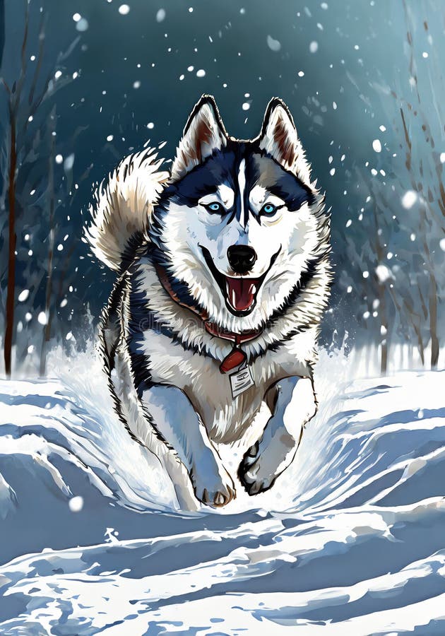 Siberian Husky that Running in the Vast Snowfield Stock Illustration ...
