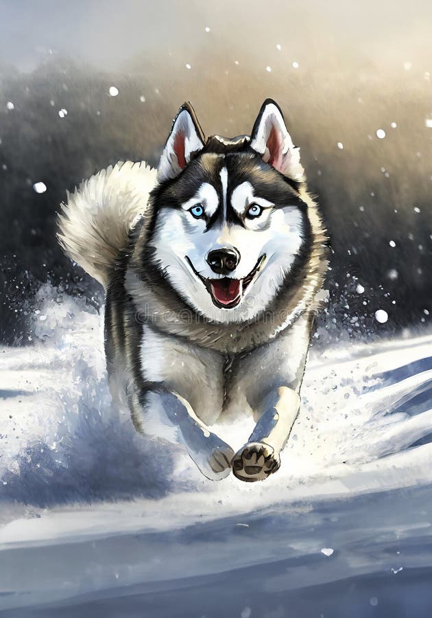 Siberian Husky that Running in the Vast Snowfield Stock Illustration ...