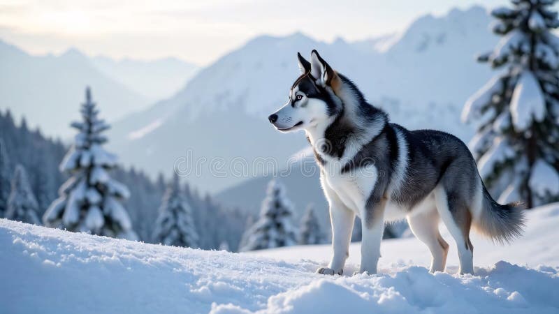 Siberian Husky Standing in Snow with Snowy Mountains and Trees in the ...