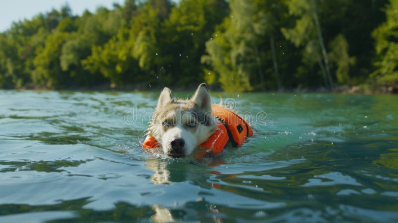 Siberian Husky Swimming in a Lake with a Life Jacket in a Forest ...