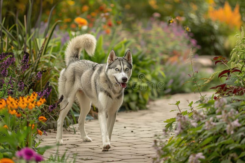 Siberian Husky Walking on Flower-lined Garden Path in Blooming Spring ...