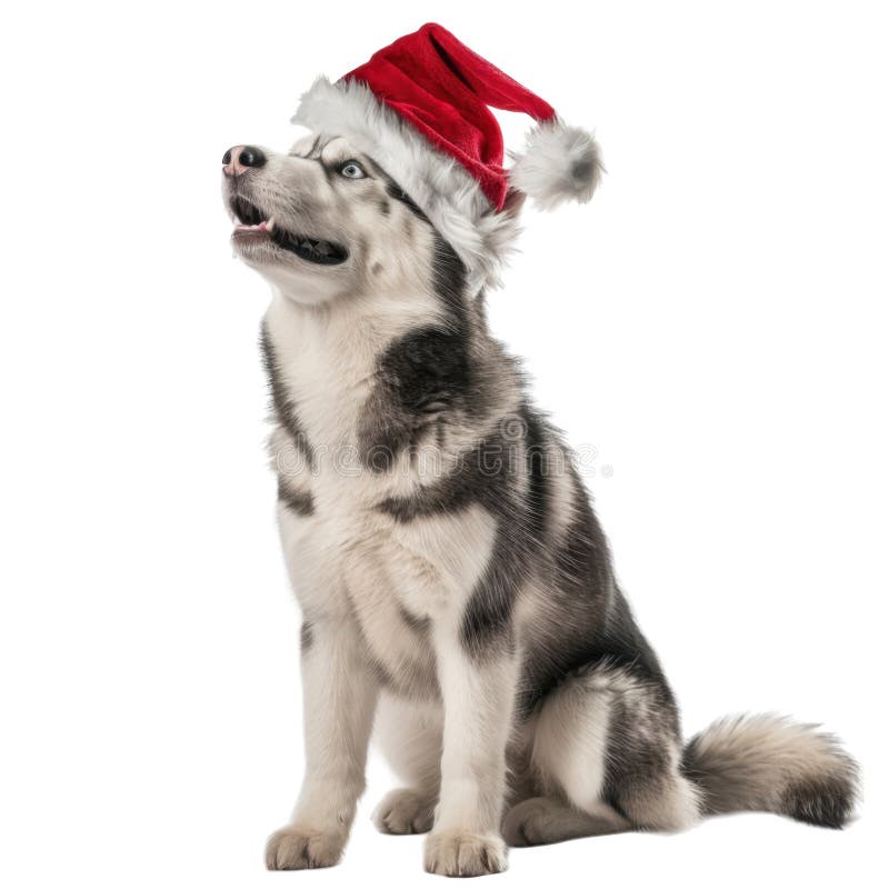 Siberian Husky Wearing a Santa Hat Sitting Stock Photo - Illustration ...