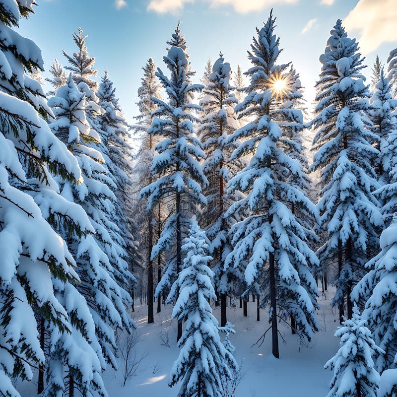 Siberian Snowy Pines with Warm Sunlight Stock Illustration ...