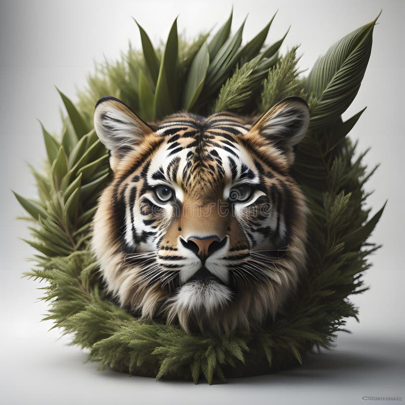 Siberian Tiger Head with Tropical Leaves. Generative Ai Stock ...