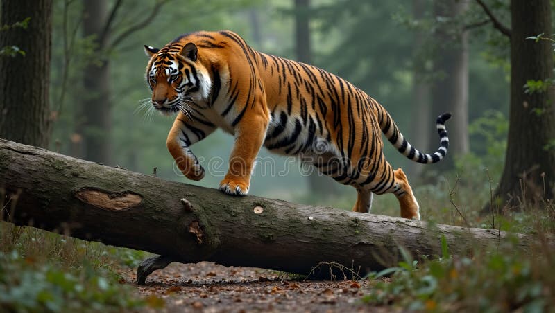 Siberian Tiger Leaping Over Fallen Tree in Forest Stock Illustration ...
