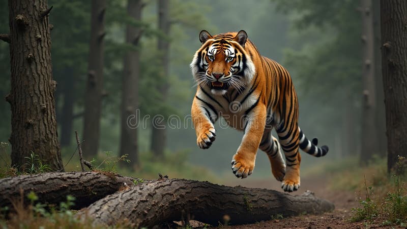 Siberian Tiger Leaping Over Fallen Tree in Forest Stock Illustration ...