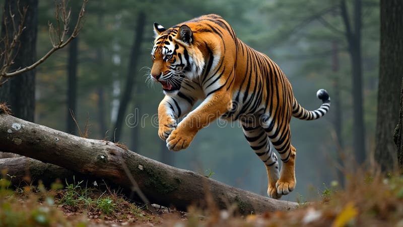 Siberian Tiger Leaping Over Fallen Tree in Forest Stock Illustration ...