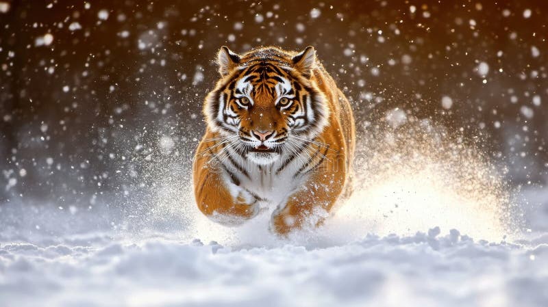 Siberian Tiger is Running through Deep Snow during Winter, Creating a ...