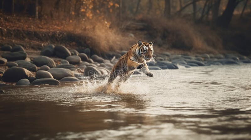 Siberian Tiger Running in the River Stream. Stock Illustration ...
