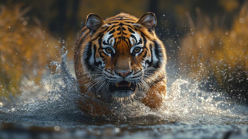 Siberian Tiger Running in Water with Splashes Around. Stock ...