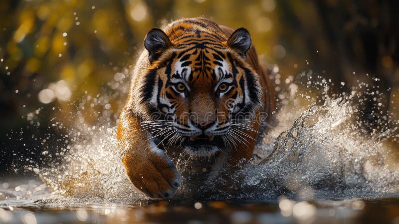 Siberian Tiger Running in Water with Splashes Around. Stock ...