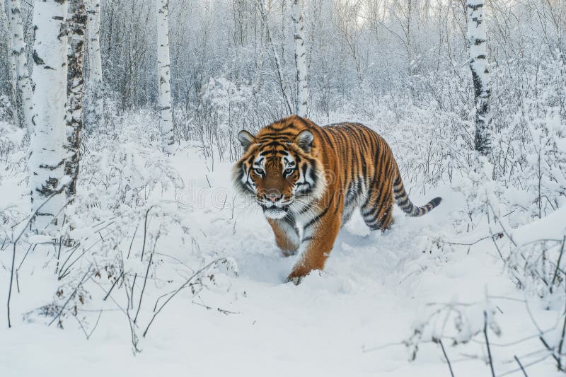Siberian Tiger Walking in Snowy Winter Forest Stock Photo - Image of ...