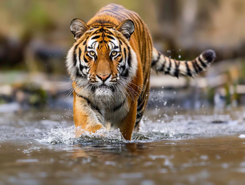Siberian Tiger, Walking in the Water Directly at Camera with Water ...