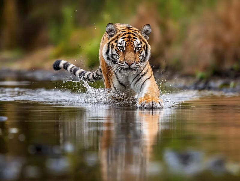 Siberian Tiger, Walking in the Water Directly at Camera with Water ...