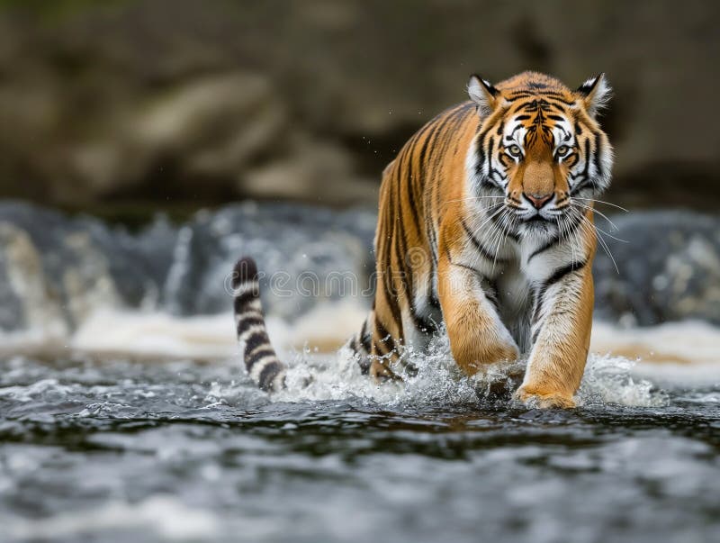 Siberian Tiger, Walking in the Water Directly at Camera with Water ...