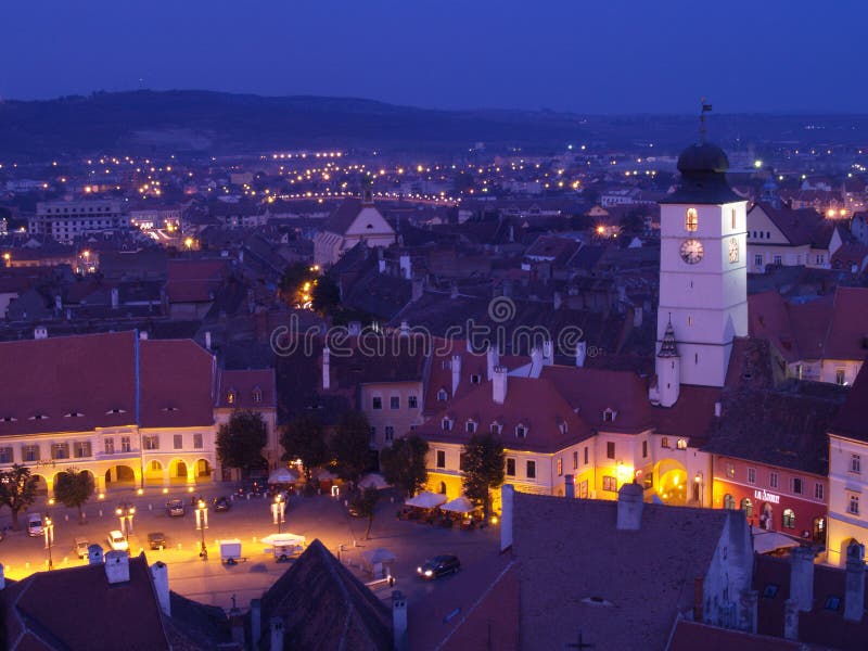 Sibiu at sunset stock photo. Image of night, residential - 16800098