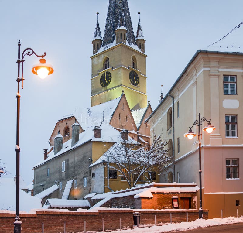 Sibiu in winter stock image. Image of light, cold, sibiu - 61610683